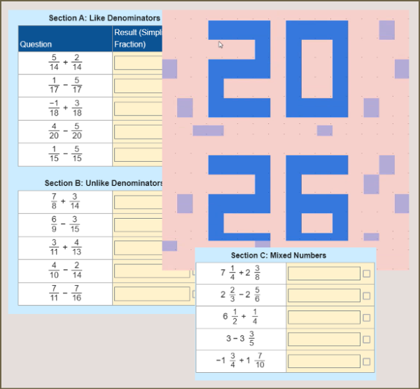 RealMath | Adding & Subtracting Fractions and Mixed Numbers - Pixel Art